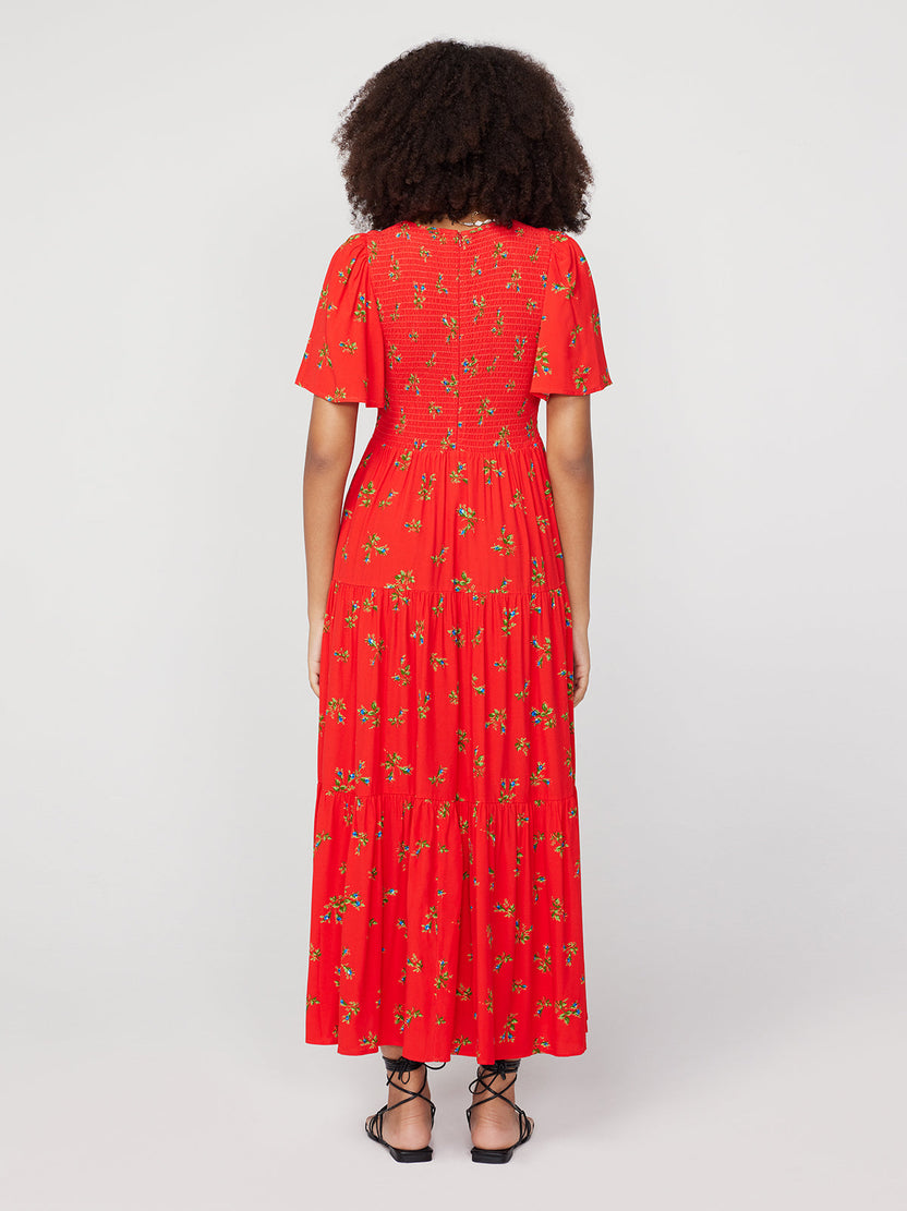 Bridget Red Rosebud Shirred Maxi Dress | KITRI Studio