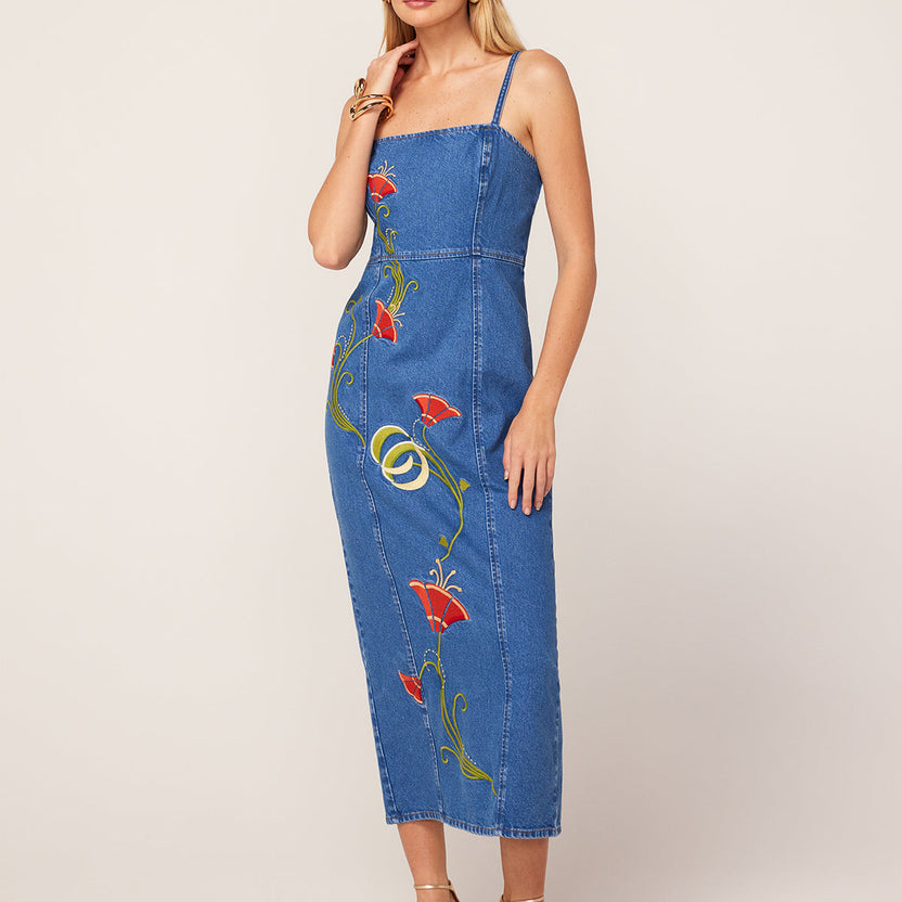 Ursula Embroidered Denim Midi Dress | KITRI Studio